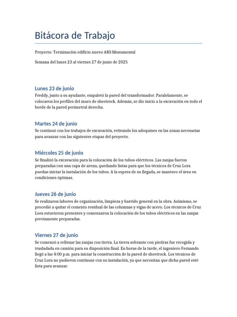 Bitácora de Trabajo - Semana 23 Al 27 Junio 2025 | PDF