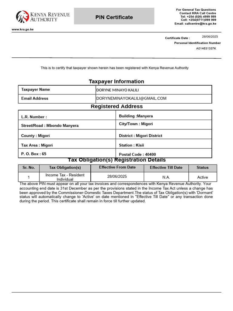 KRA Taxpayer Registration Certificate | PDF | Taxes | Public Finance