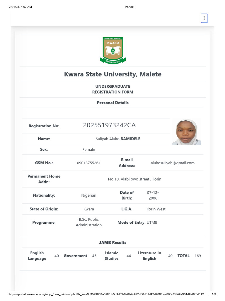 KWASU Undergraduate Registration Form | PDF | Qualifications ...