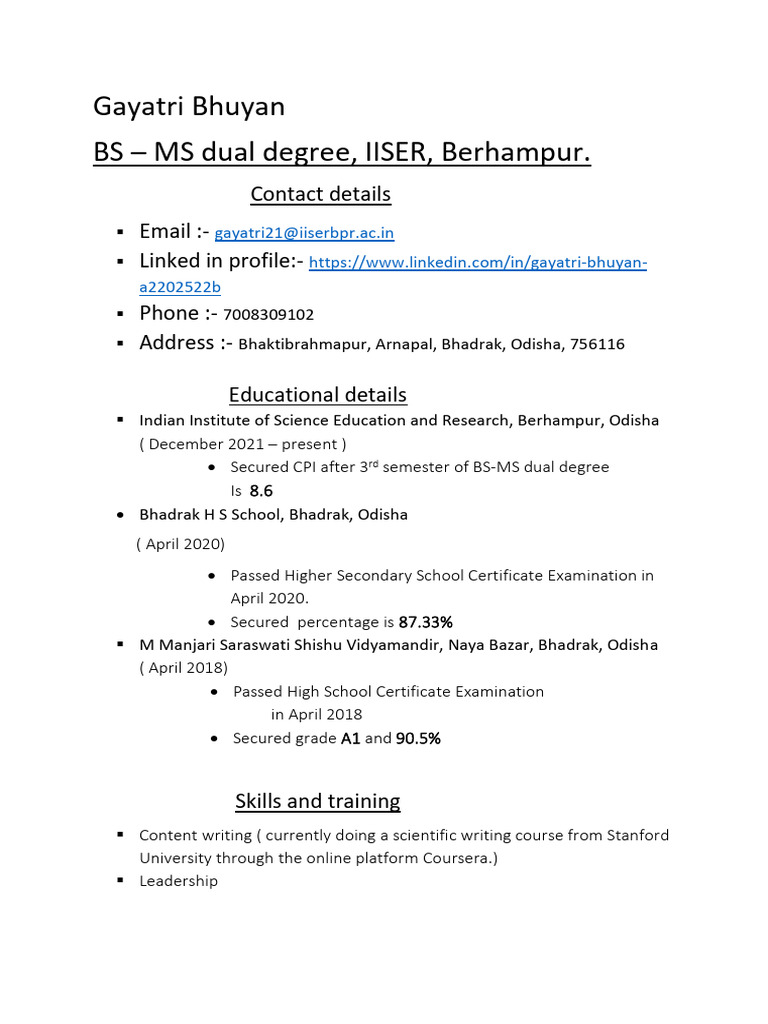Gayatri Bhuyan Resume For Chemistry | PDF