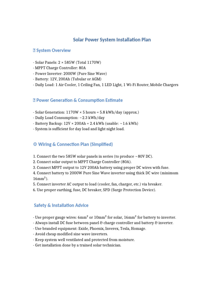 Solar System Installation Plan | PDF