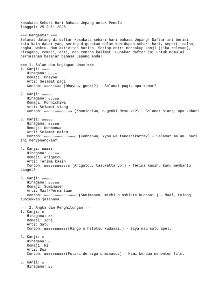 Kosakata Sehari Hari Dalam Bahasa Jepang | PDF