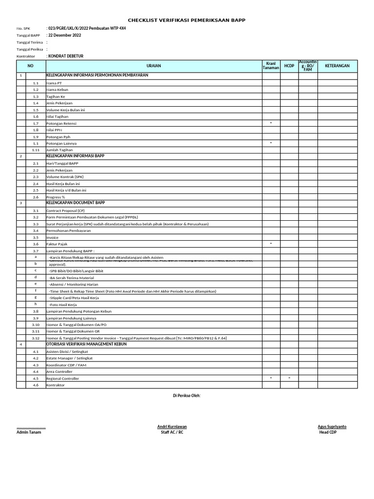 CONTOH FORM CEKLIST DOKUMEN BAPP | PDF
