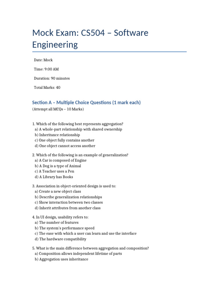 CS504 Software Engineering Mock Exam | PDF | Class (Computer ...