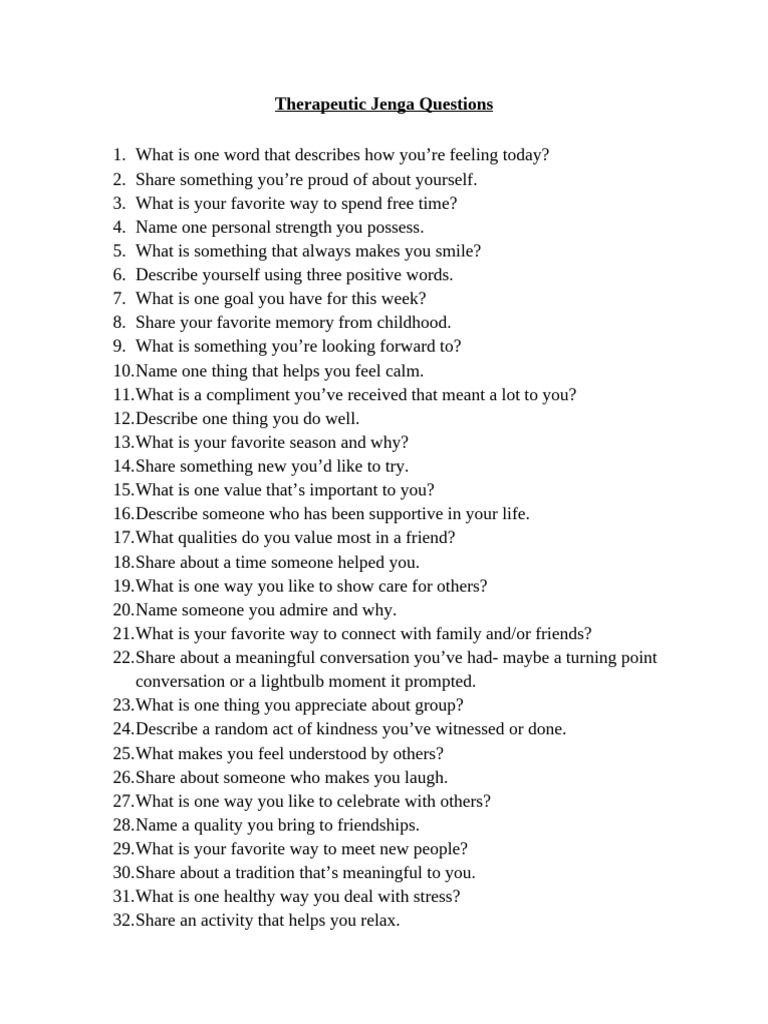 Therapeutic Jenga Questions List | PDF | Psychology
