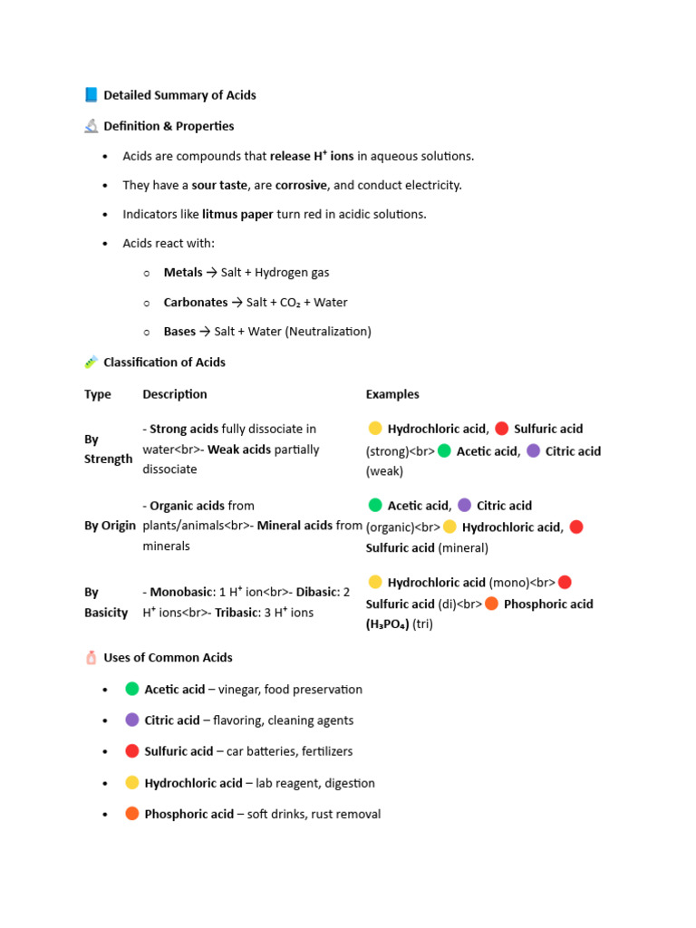 Summary of Acid Types and Uses | PDF