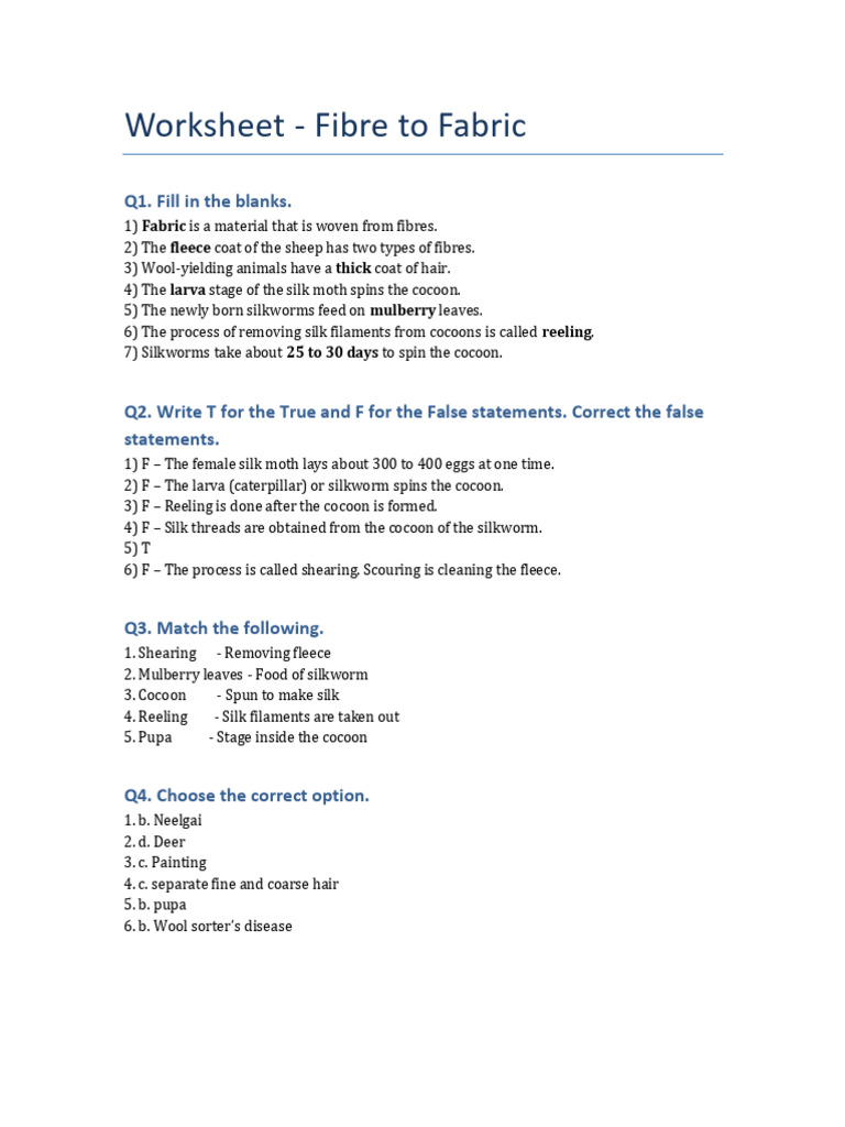 Fibre to Fabric Worksheet Guide | PDF