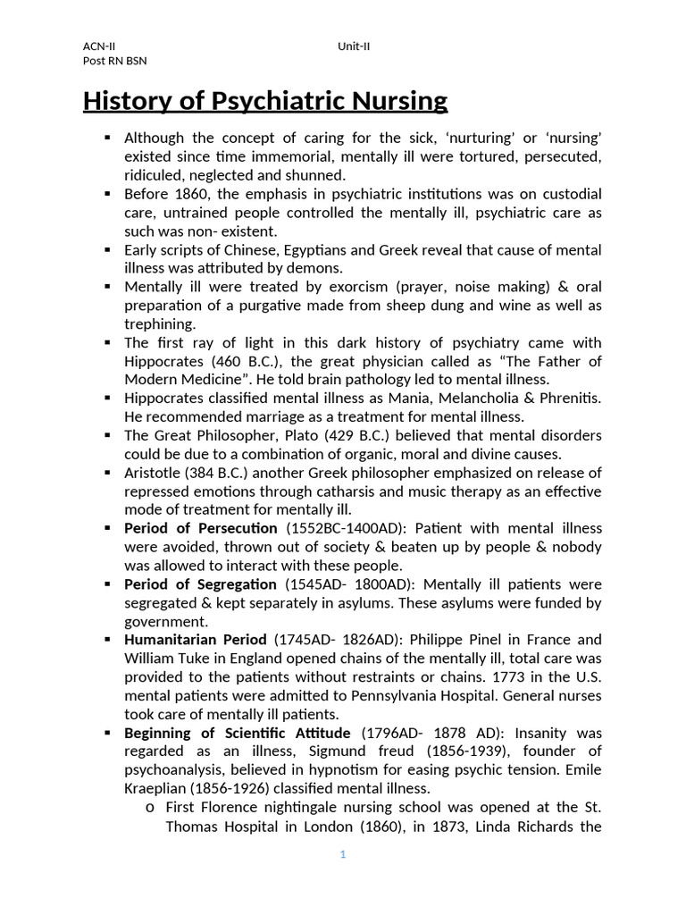 History of Psychiatric Nursing Unit-II | PDF | Psychiatry | Psychiatric ...