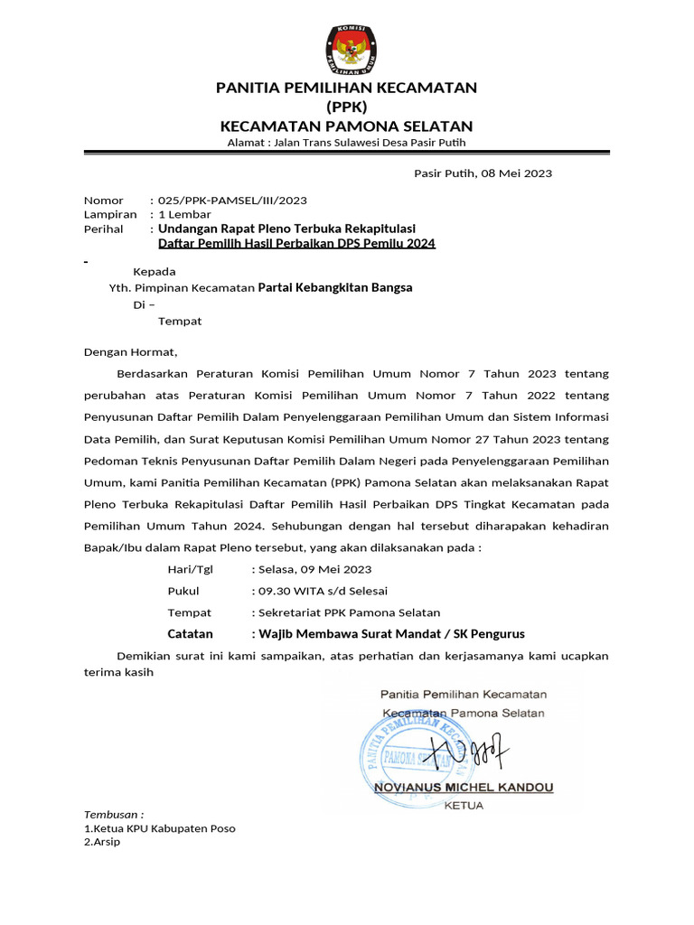 Undangan Rapat Pleno PPK Pemilu 2024 | PDF