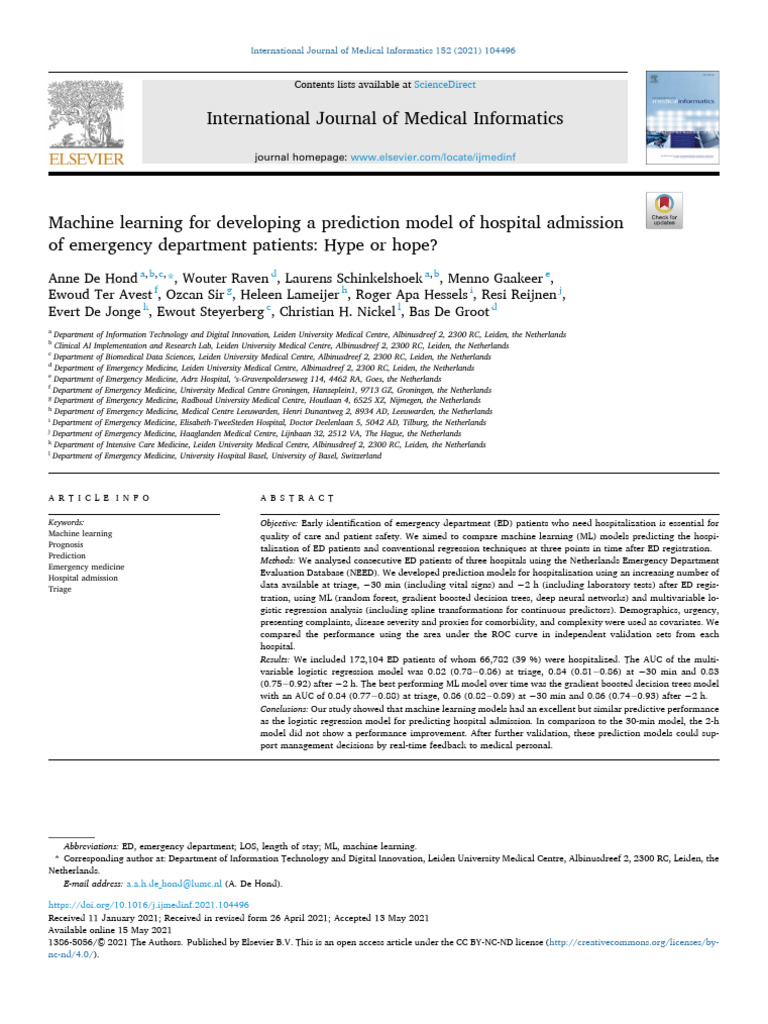 Machine Learning For Developing A Prediction Model of Hospital | PDF ...