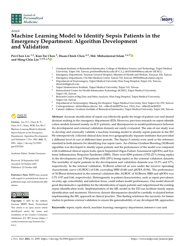 Machine Learning Model To Identify Sepsis Patients in The | PDF | Sepsis | Blood Pressure