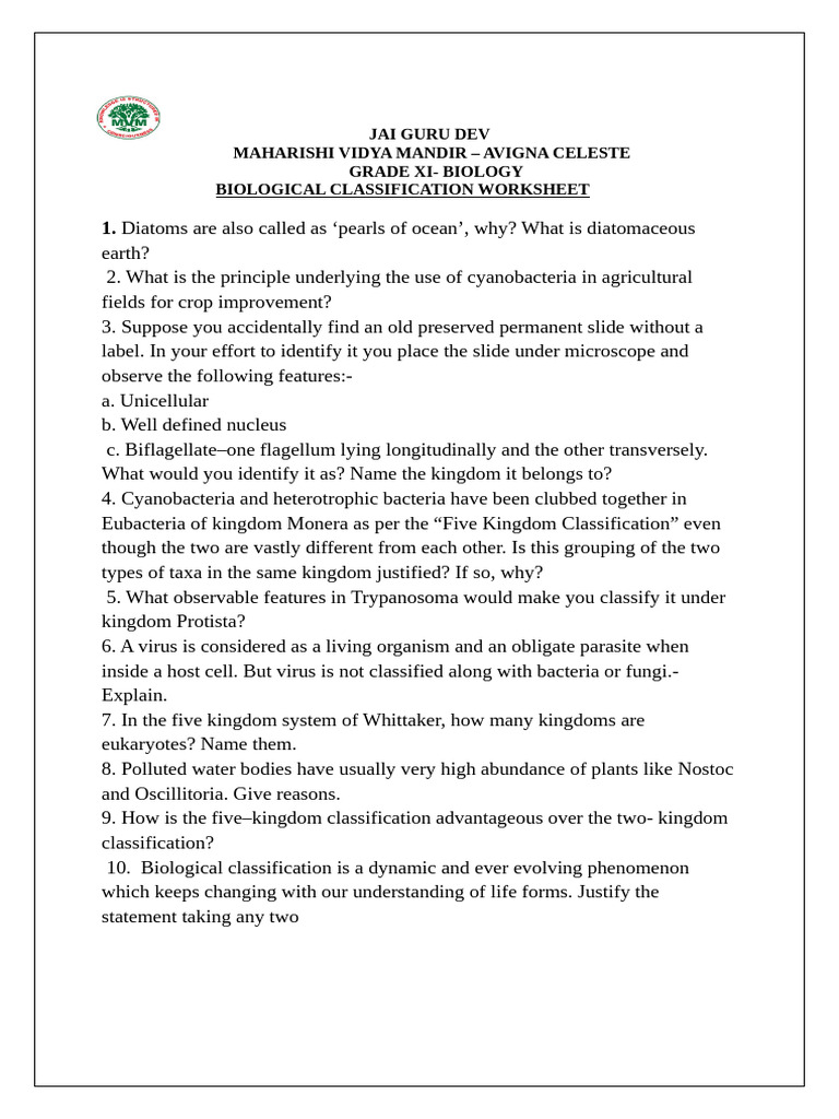 G 11 Biological Classification Worksheet | PDF
