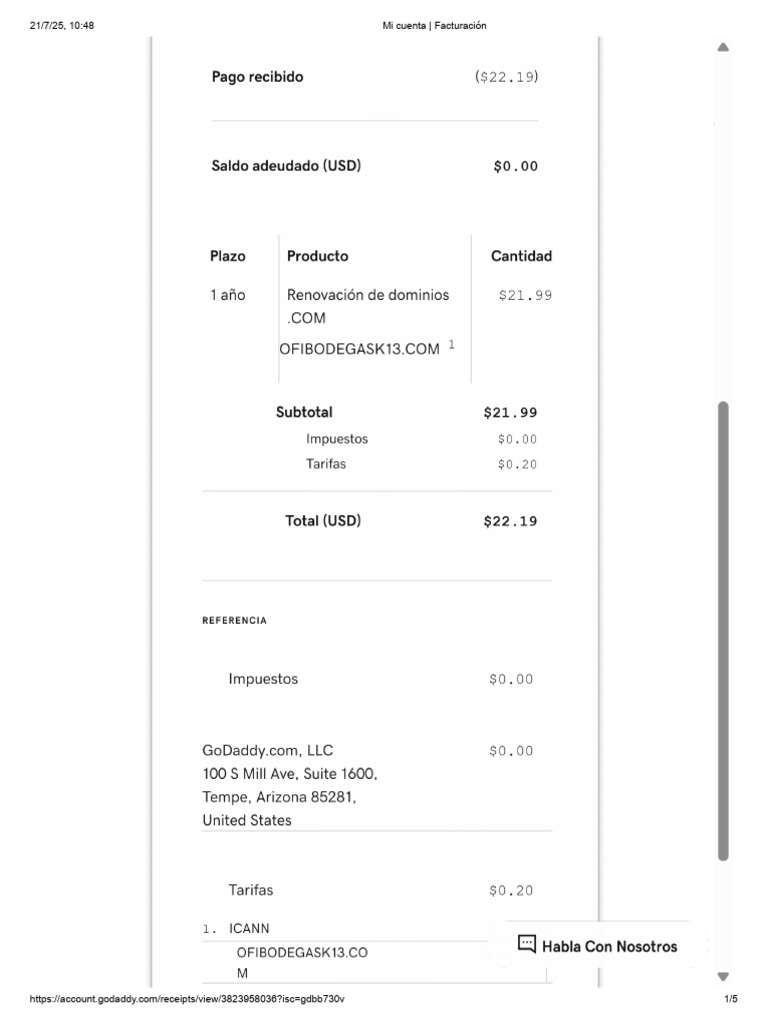 Recibo Goodaddy Dominio Ofibodegas K13 | PDF