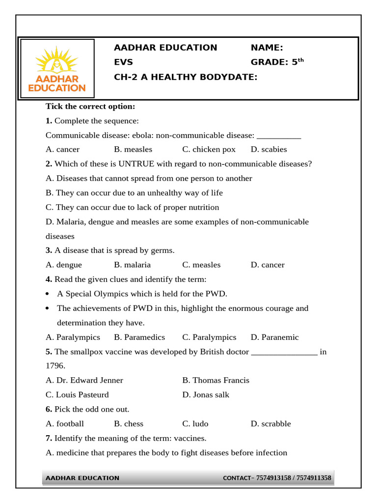 Class 5 EVS: Healthy Body Quiz | PDF | Infection | Diseases And Disorders