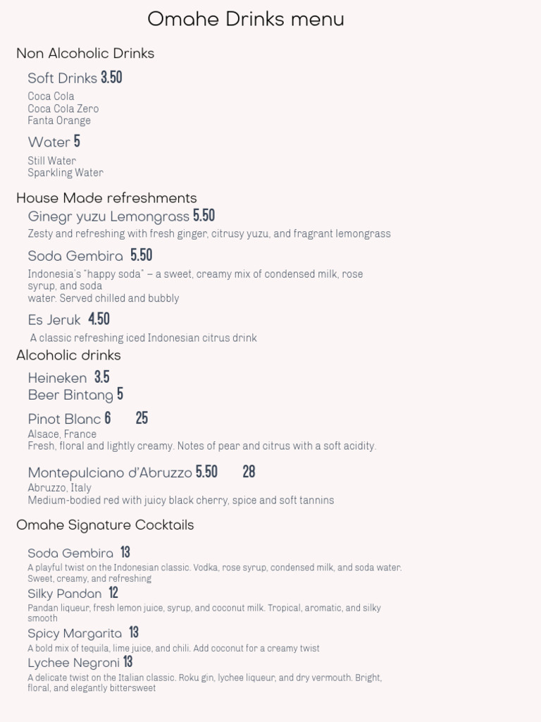 Omahe Drinks Menu Overview | PDF