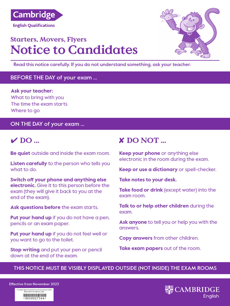 Notice To Candidates CAMBRIDGE YLE Exams | PDF