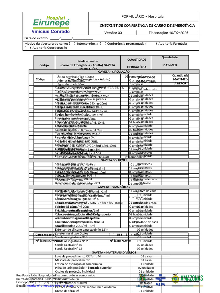 Checklist Carro de Emergência Hospitalar | PDF | Drogas que agem no ...