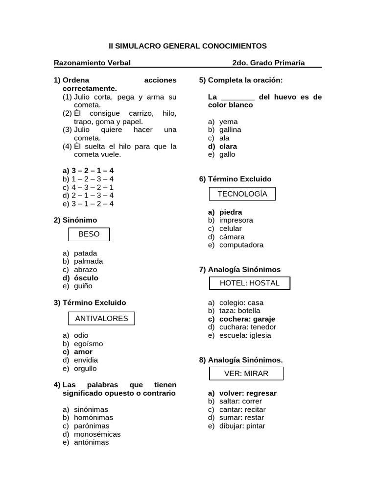 II SIMULACRO GENERAL CONOCIMIENTOS - RV. - 2do. Grado 2024 | PDF | Zoología