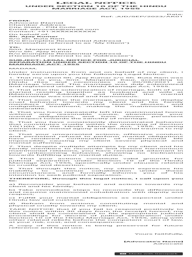 Judicial Separation Notice to Spouse | PDF | Marriage | Divorce