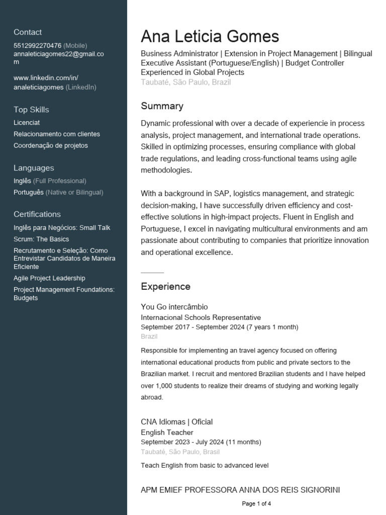 Resume Ana Leticia Gomes Executive Assistant Recommendation Letter | PDF | Brazil | Business