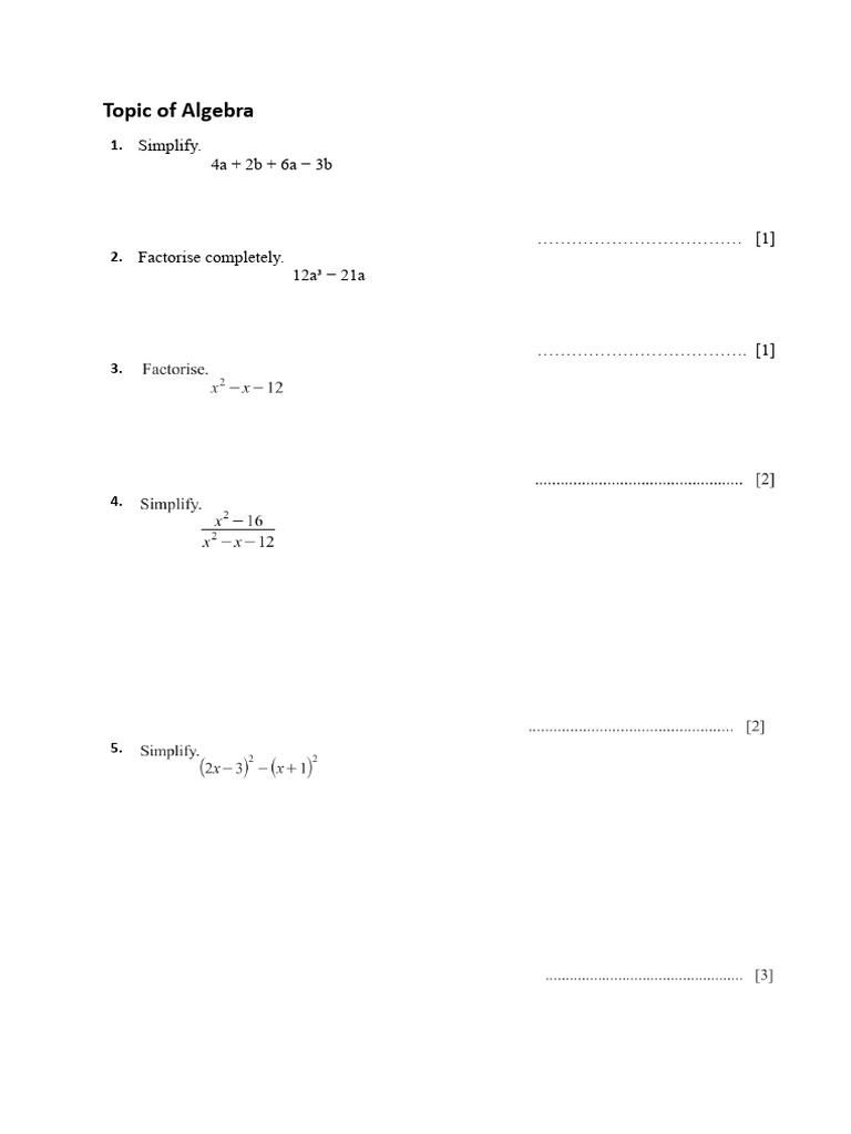 Initial Assessment Topic of Algebra | PDF