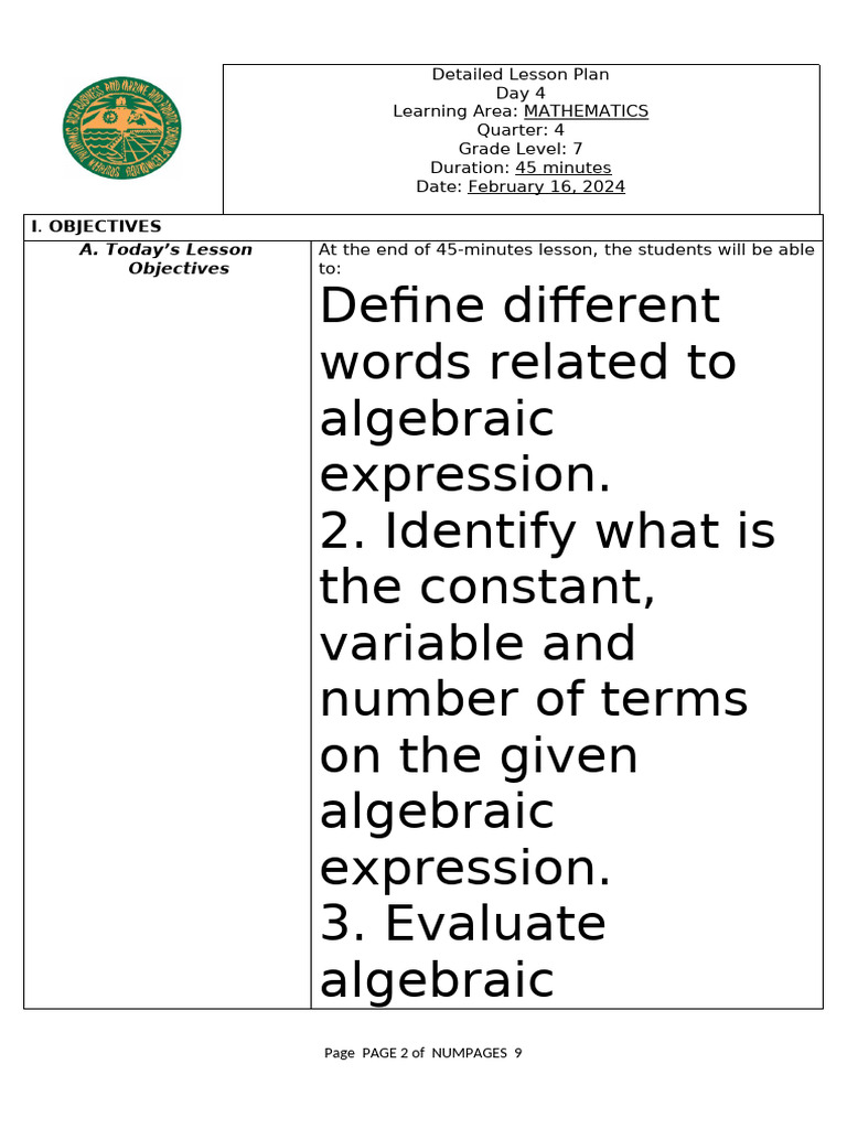 Day 4 Lesson Plan (Pre Demo) | PDF | Numbers | Polynomial