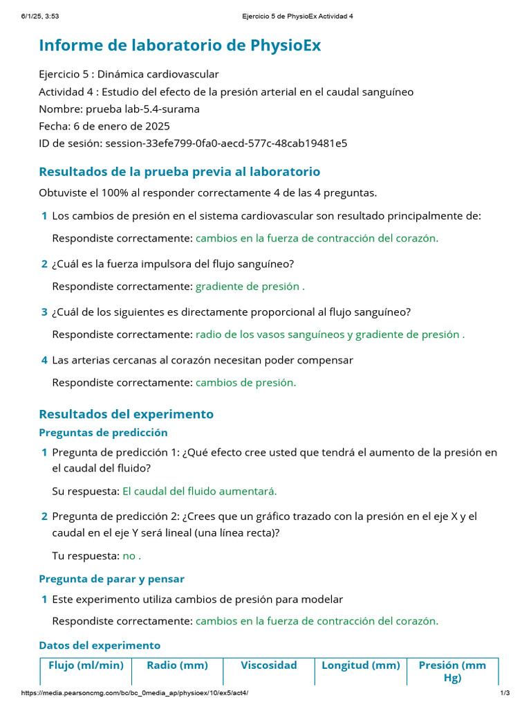 Ejercicio 5 de PhysioEx Actividad 4-Biotec | PDF | Viscosidad | Presión sanguínea