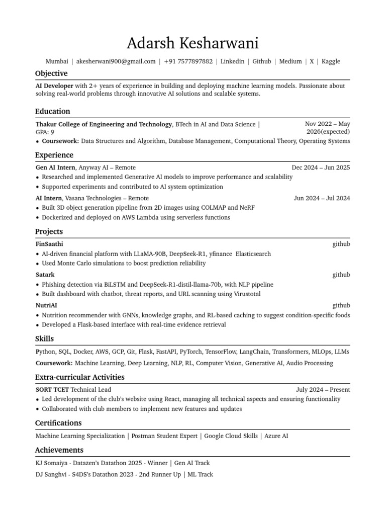 AI Developer Resume - Adarsh Kesharwani | PDF | Artificial Intelligence ...