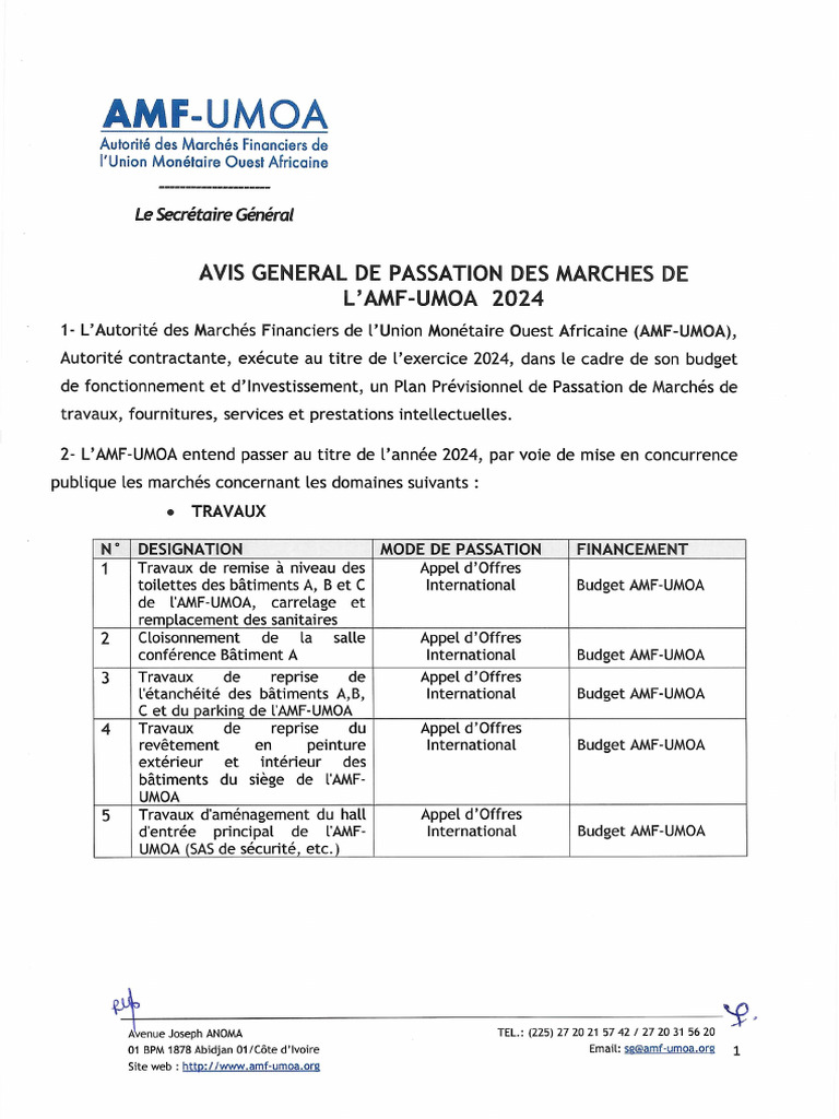 Passation Des Marches de L'amf-Umoa Au Titre de L'annee 2024 | PDF
