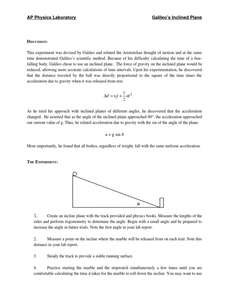 AP Physics Laboratory Galileo's Inclined Plane: at T V D | PDF ...