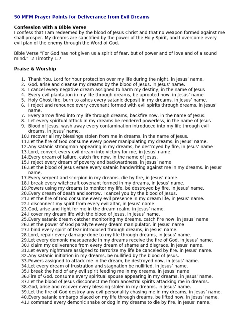 Mfm Prayer Points For Evil Dreams Pdf Jesus Deliverance Ministry
