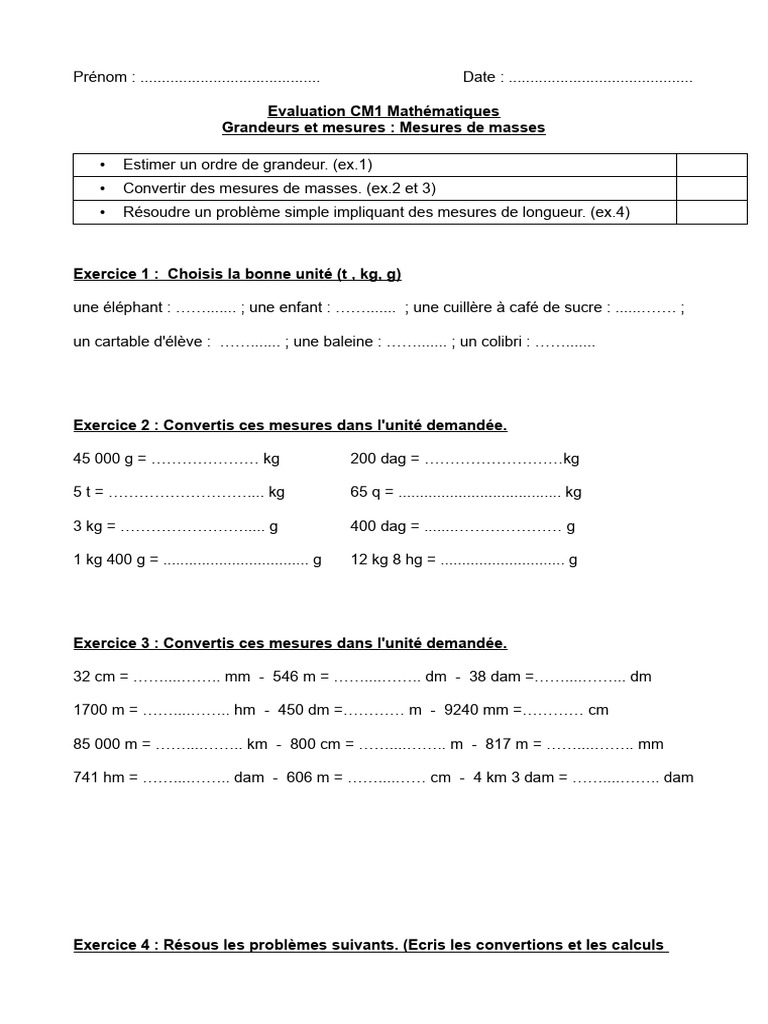 Évaluation CM1 : Grandeurs et Mesures | PDF