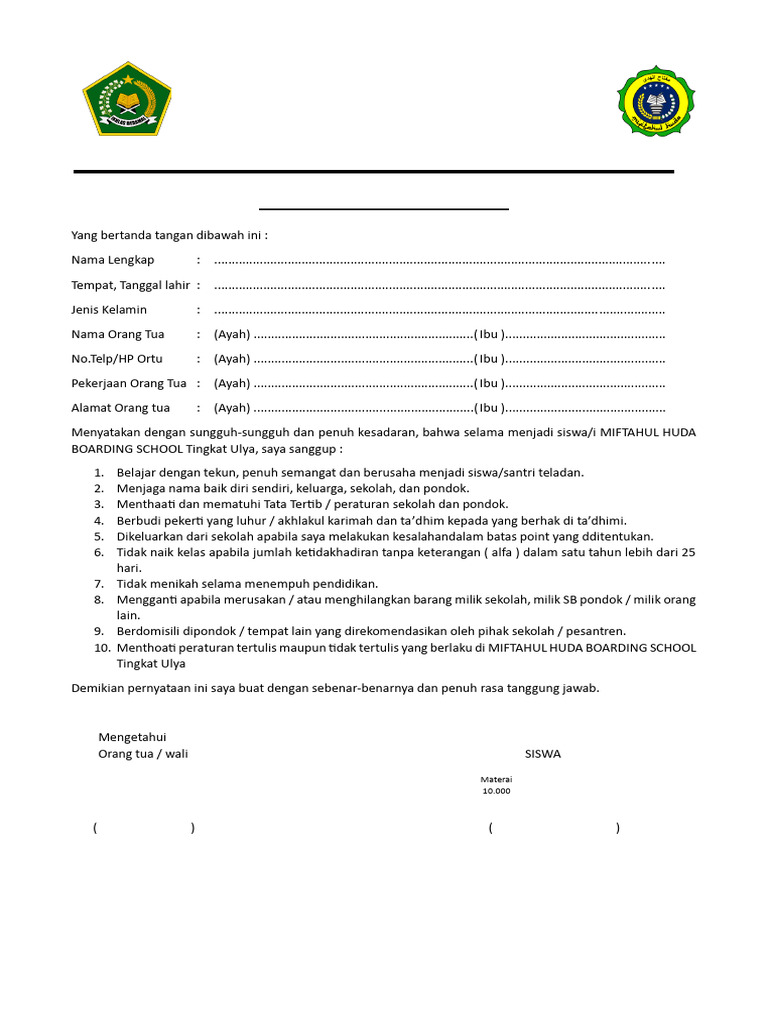 Surat Pernyataan Siswa & Ortu Ulya | PDF