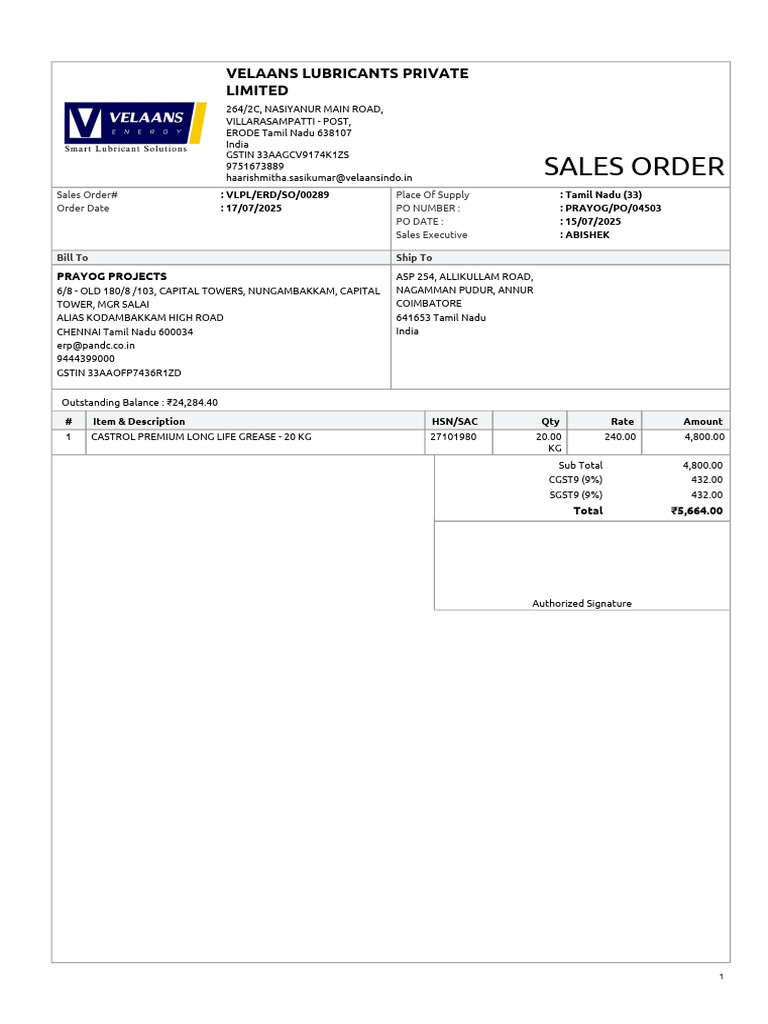 Sales Order for Prayog Projects | PDF
