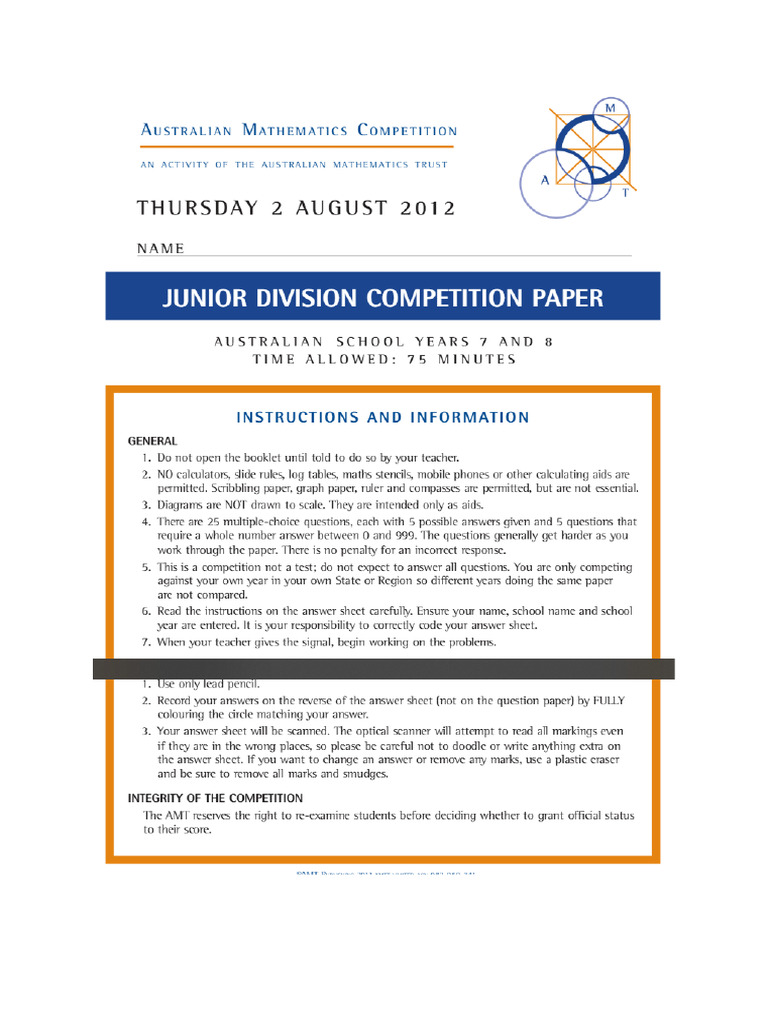 2012 Junior AMC - Question and Answer | PDF