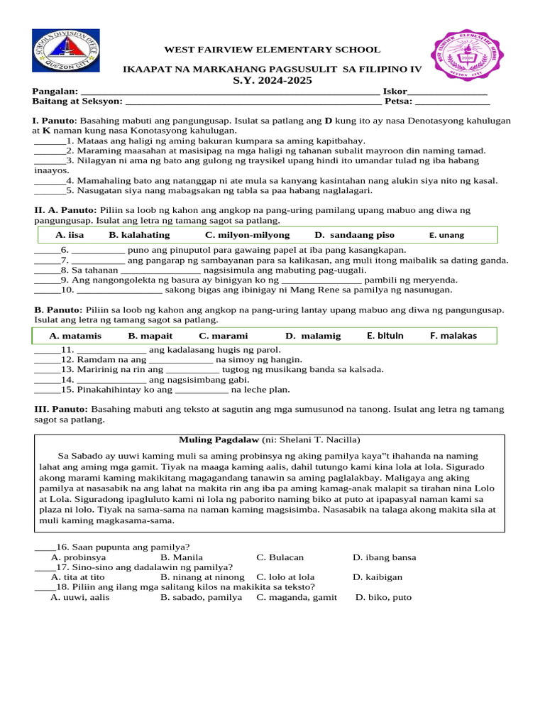 Filipino 4th PT | PDF