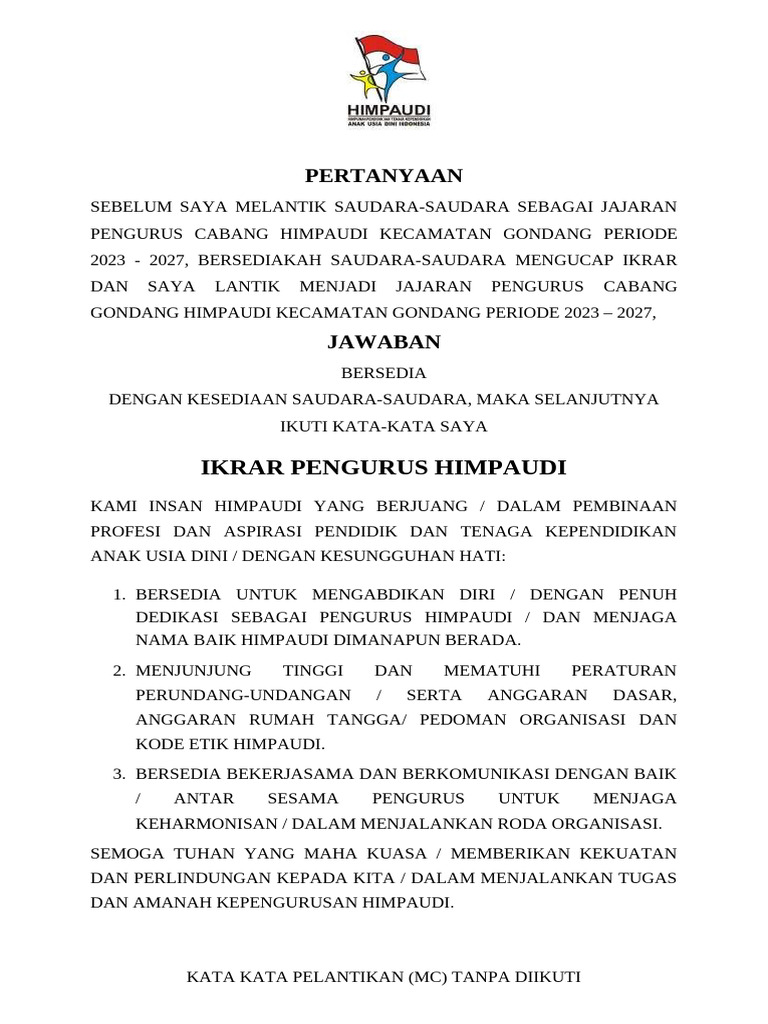 Pelantikan Pengurus HIMPAUDI Gondang 2023 | PDF