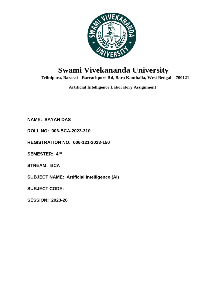 AI Lab Assignment: BCA Semester 4 | PDF
