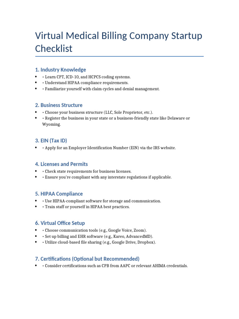 Virtual Medical Billing Business Checklist | PDF