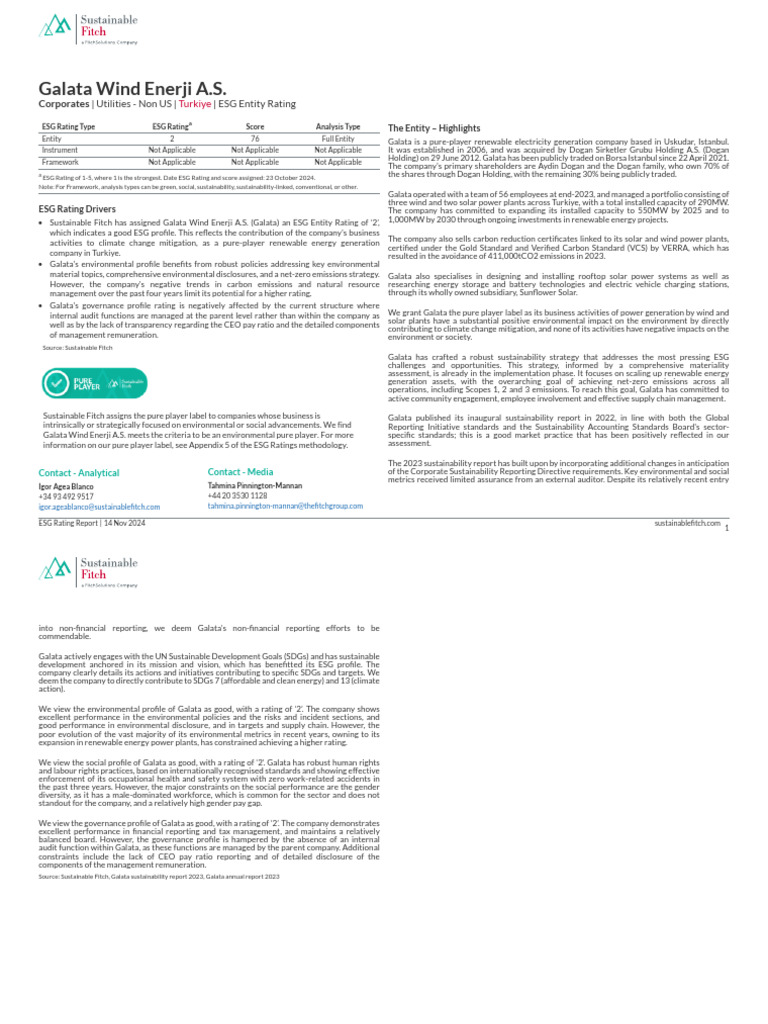 Galata Wind Esg Entity Rating 2024 | PDF | Renewable Energy | Energy Development