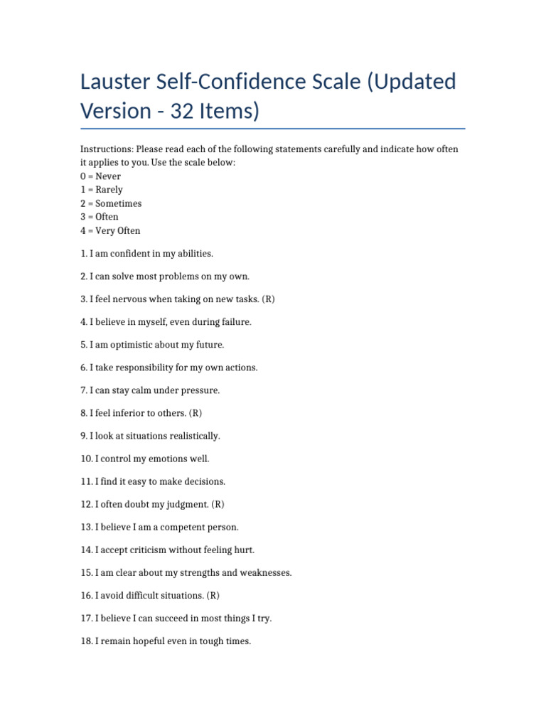 Lauster Self-Confidence Scale 32 Items | PDF