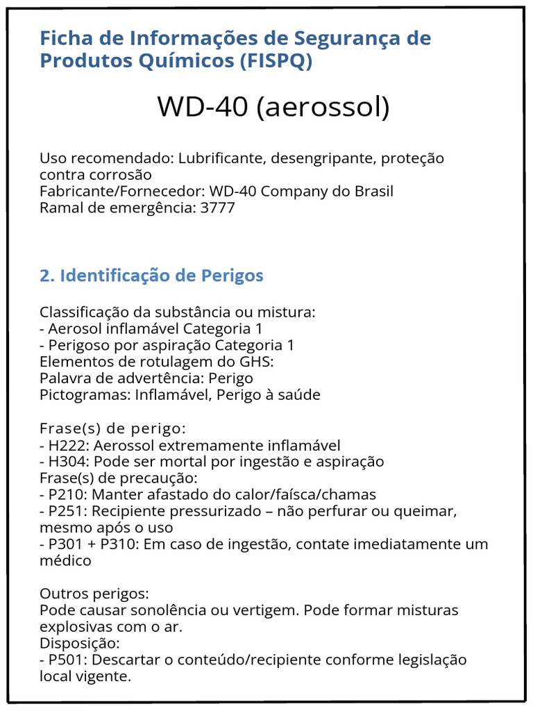 FISPQ WD-40: Segurança e Riscos | PDF