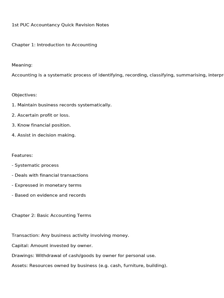 1st PUC Accountancy Revision Notes | PDF