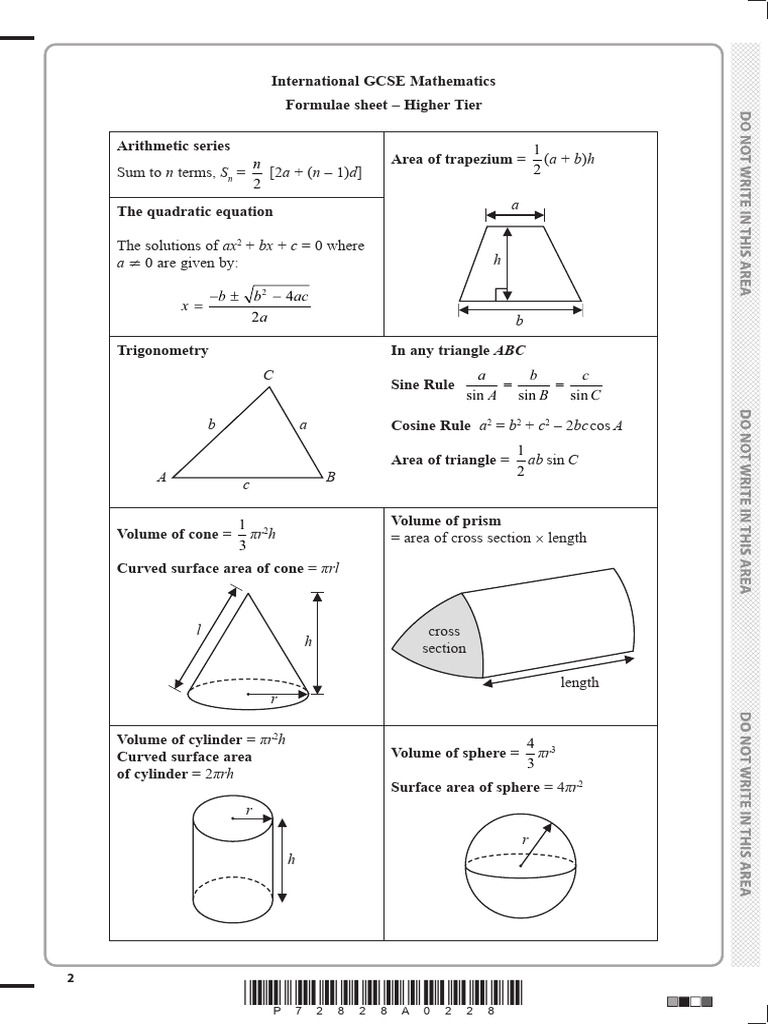 International GCSE Maths Formulae Sheet | PDF | Area | Geometric Shapes