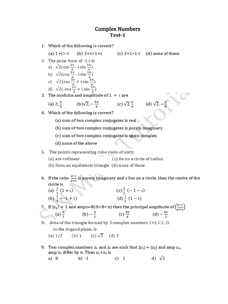 Complex Numbers, Test-1 (SLST) | PDF | Complex Number | Pi