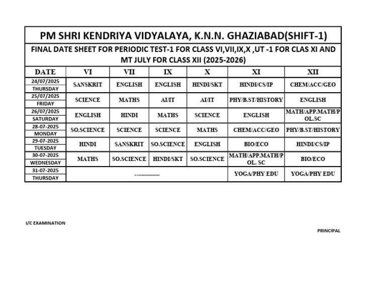 Final Date Sheet For Pt1 and Ut1 | PDF
