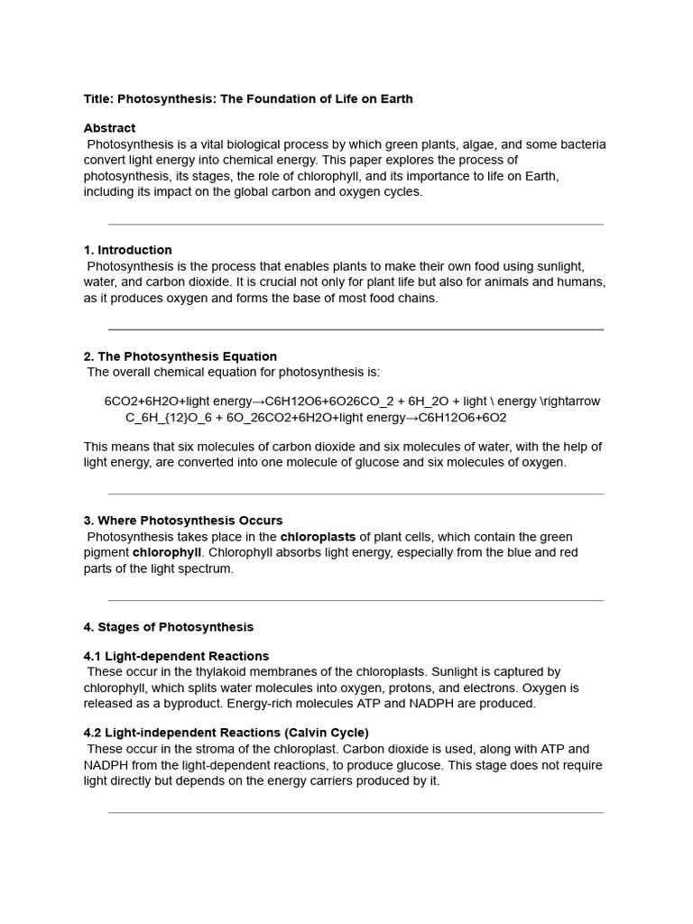 Title - Photosynthesis - The Foundation of Life On Earth | PDF ...