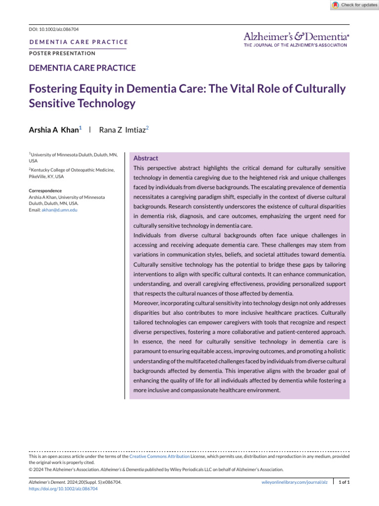 Alzheimer S Dementia - 2025 - Khan - Fostering Equity in Dementia Care ...