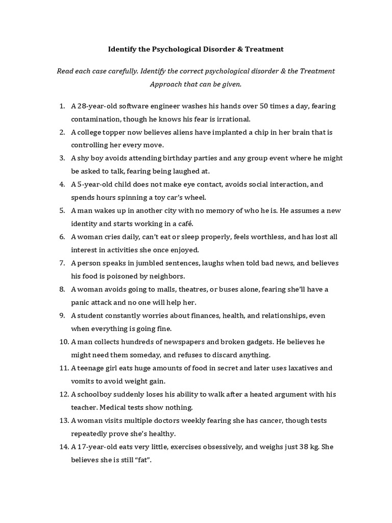 Identify The Psychological Disorder Worksheet | PDF | Cognitive ...