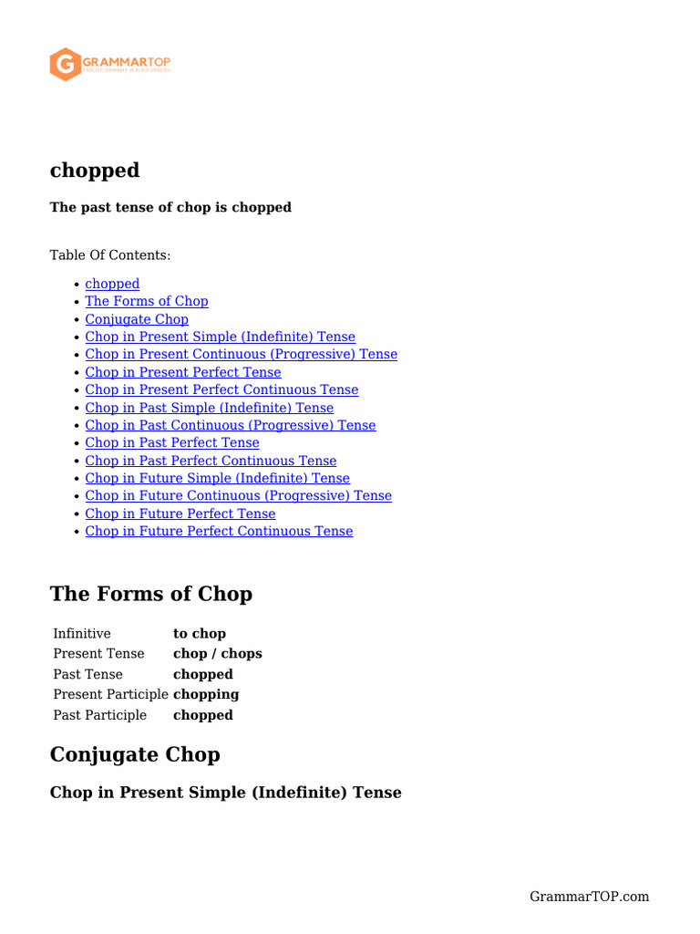 Chop Past Tense - Verb Forms, Conjugate CHOP | PDF | Perfect (Grammar ...